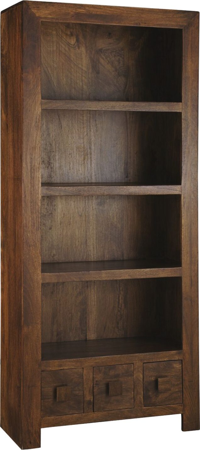 Dark Mango Wood Bookcase with 3 Drawers – Scape Interiors West Ltd