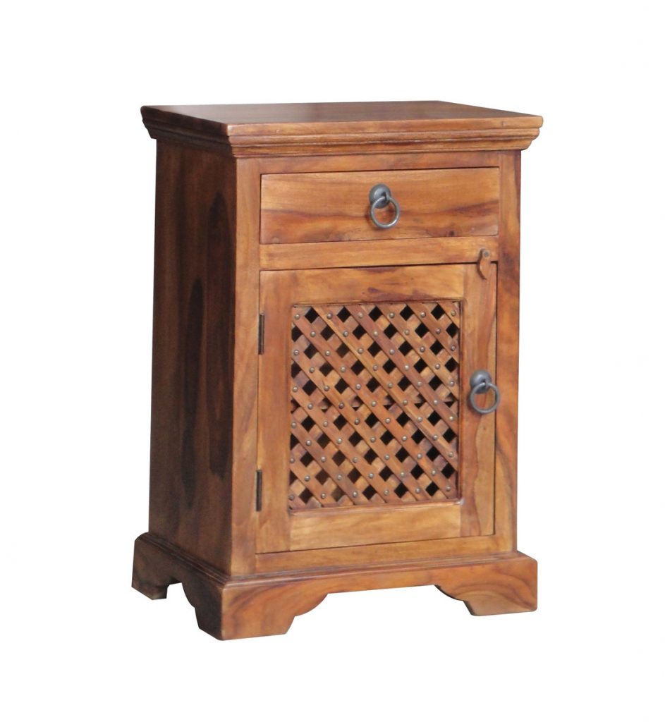 Sheesham Wood Bedside Table with Lattice Door Panel