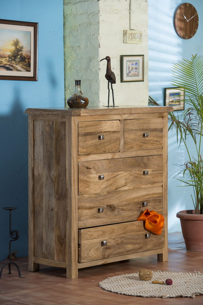 solid light mango wood 5 drawer unit