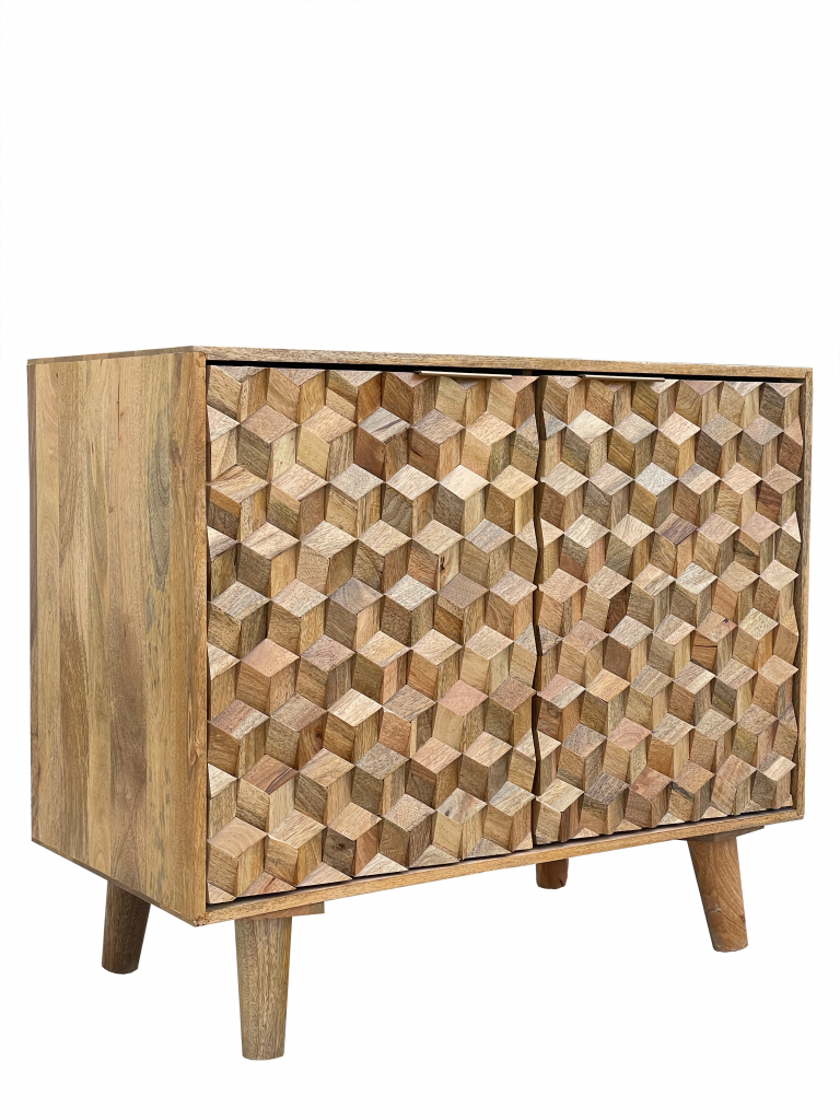 Hand carved 3D Geometric pattern two door light mango wood sideboard
