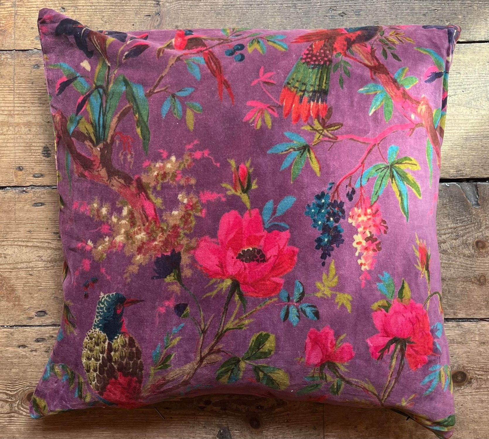 Tropical birds floral design purple cotton velvet cushion cover 50 x 50 ...